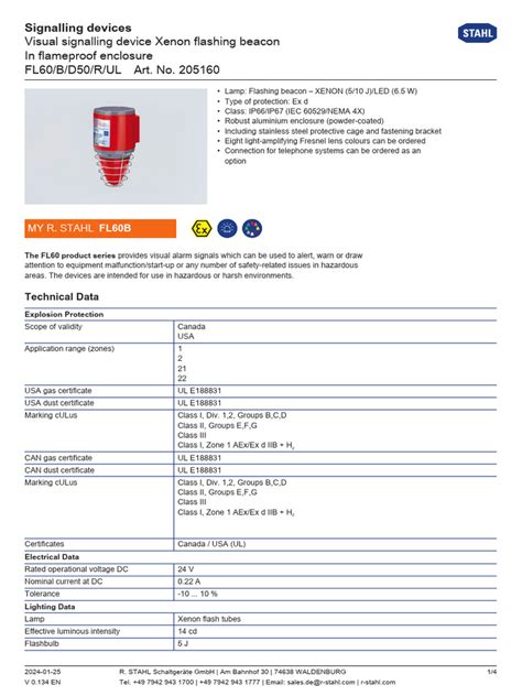 Ex Single Data Sheet Visual Signalling Device Xenon Flashing Beacon In Flameproof Enclosure Fl60