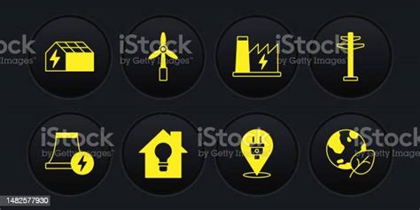 원자력 발전소 전기 타워 스마트 하우스 및 전구 플러그 풍력 터빈 지구 지구 잎 및 태양 에너지 패널 아이콘을 설정합니다 벡터