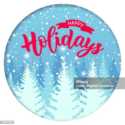 해피 홀리데이 소나무 다양 한 색상과 눈송이와 겨울 눈 풍경 일러스트 레터링 현대 서 예 즐거운 연말연시 되세요 문구에 대한 스톡 벡터 아트 및 기타 이미지 즐거운 연말