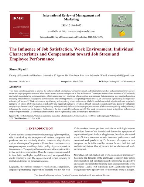 Pdf The Influence Of Job Satisfaction Work Environment Individual