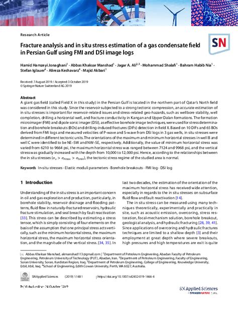 Pdf Fracture Analysis And In Situ Stress Estimation Of A Gas Condensate Field In Persian Gulf