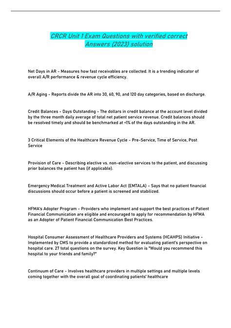 CRCR Unit Exam Questions With Verified Correct Answers Solution CRCR Stuvia US