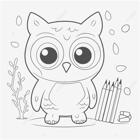 앞 아웃라인 스케치 드로잉에 크레용이 있는 귀여운 올빼미 색칠 페이지 벡터 가이드 드로잉 가이드 개요 가이드 스케치 Png 일러스트 및 벡터 에 대한 무료 다운로드