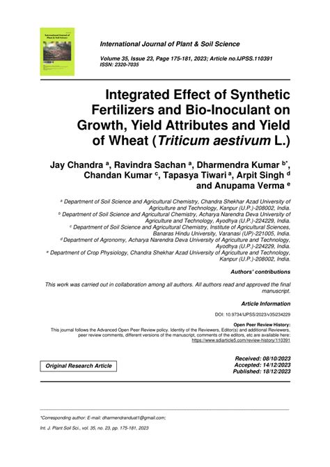 Pdf Integrated Effect Of Synthetic Fertilizers And Bio Inoculant On Growth Yield Attributes