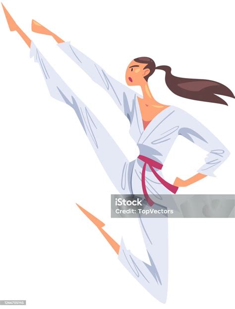스윙 킥을하는 소녀 전통적인 일본 무술 만화 스타일 벡터 일러스트를 연습 하는 화이트 기모노에서 여성 가라데 전투기 캐릭터