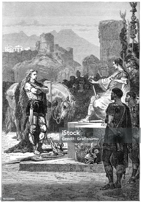 완전은 율리우스 카이사르의 발에 그의 무기를 내려 던졌습니다 웨르킨게토릭스에 대한 스톡 벡터 아트 및 기타 이미지 웨르킨게토릭스 아우구스투스 전쟁 Istock