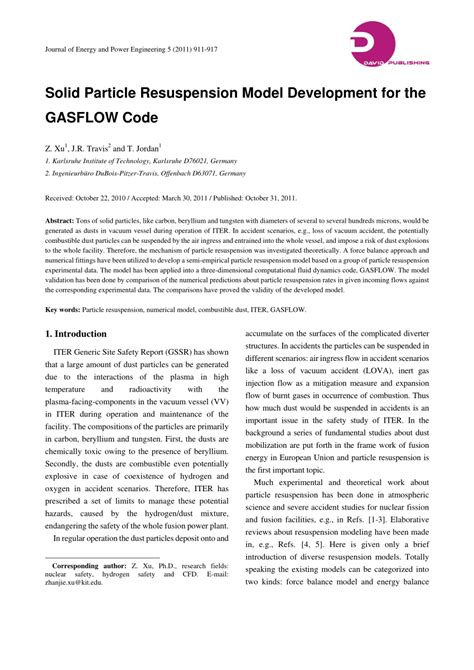 Pdf Solid Particle Resuspension Model Development For The Gasflow Code