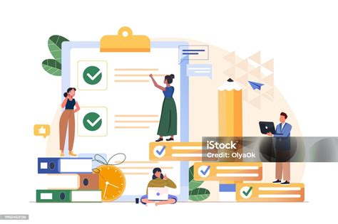 작업 우선 순위가 있는 할 일 목록 확인 표시와 연필이 있는 메모장 우선 순위 체크리스트 평면 벡터 일러스트 레이 션을 수행하는 작은 사람들 작업 계획 시간 및 프로젝트