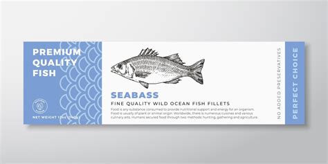 프리미엄 품질 Seabass 벡터 포장 라벨 디자인 현대적인 타이포그래피와 손으로 그린 물고기 실루엣 해산물 제품 배경 레이아웃 프리미엄 벡터