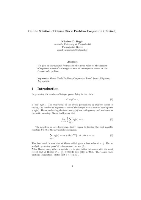 Pdf On The Solution Of Gauss Circle Problem Conjecture Revised