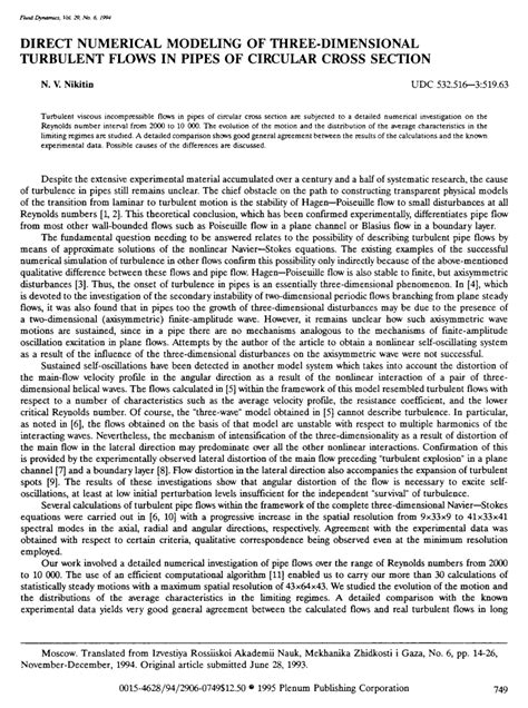 Pdf Direct Numerical Modeling Of Three Dimensional Turbulent Flows In Pipes Of Circular Cross