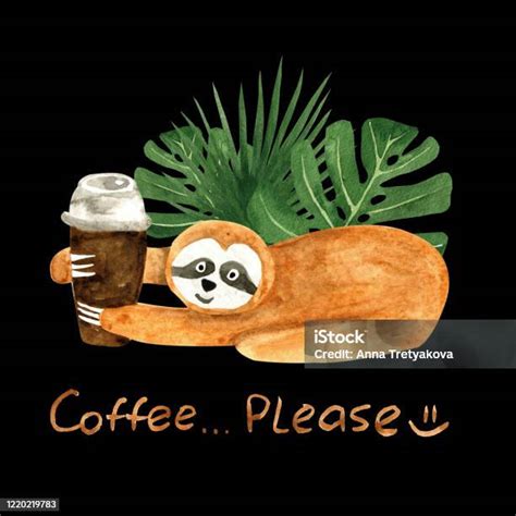사랑스러운 손으로 그린 수채화 나무늘보 직물 인쇄 어린이 포스터 귀여운 문구에 대한 검은 배경 열대 도면에 고립 갈색에 대한 스톡 벡터 아트 및 기타 이미지 Istock