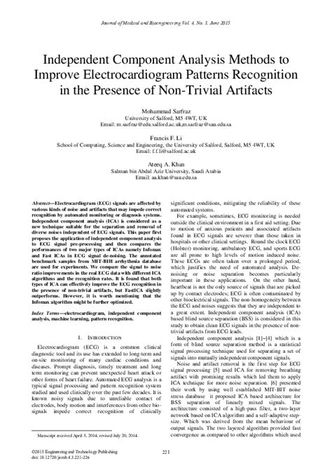 Pdf Independent Component Analysis For Motion Artifacts Removal From Electrocardiogram