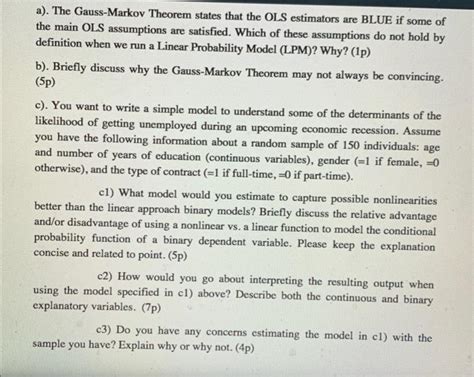 A The Gauss Markov Theorem States That The Ols