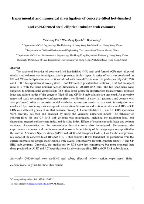 Pdf Experimental And Numerical Investigation Of Concrete Filled Hot Finished And Cold Formed