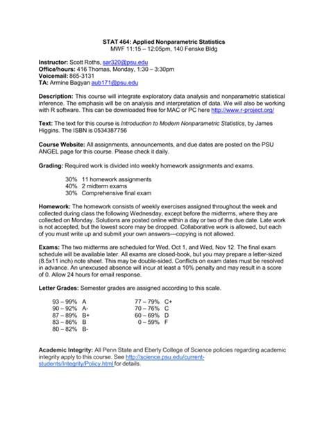 Stat 464 Applied Nonparametric Statistics Syllabus