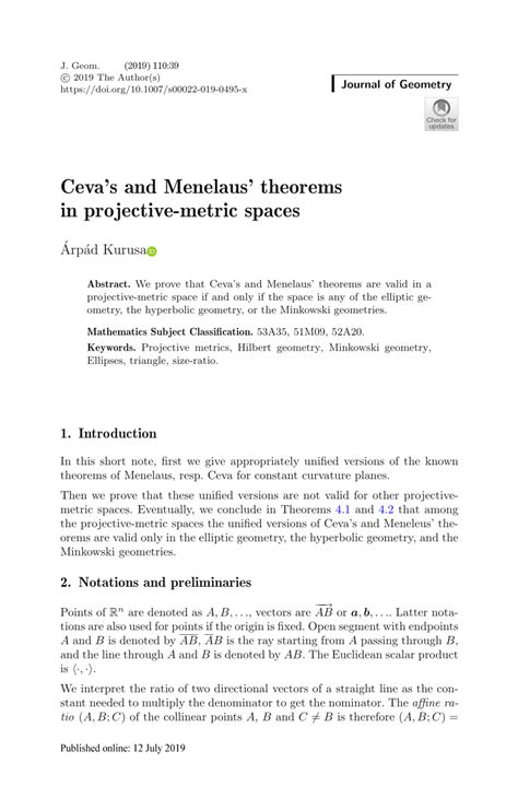 Pdf Cevas And Menelaus Theorems In Projective Metric Spaces