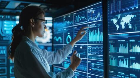Woman Analyzing Data On Large Screens With Graphs And Charts Premium