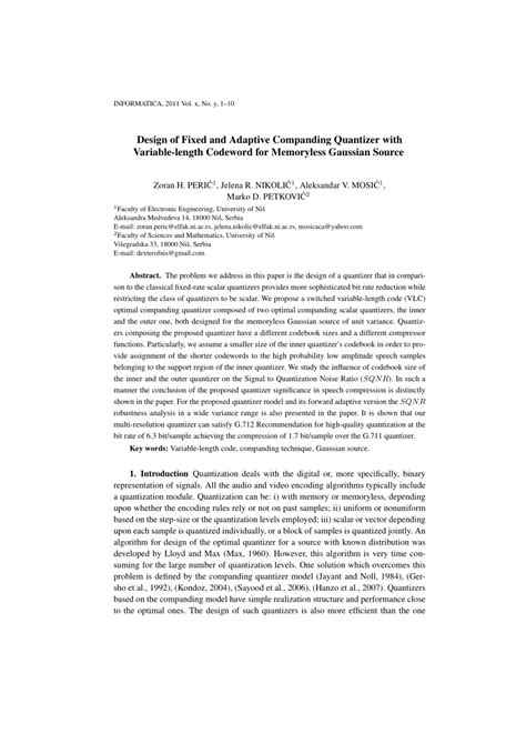Pdf Design Of Fixed And Adaptive Companding Quantizer With Variable Length Codeword For