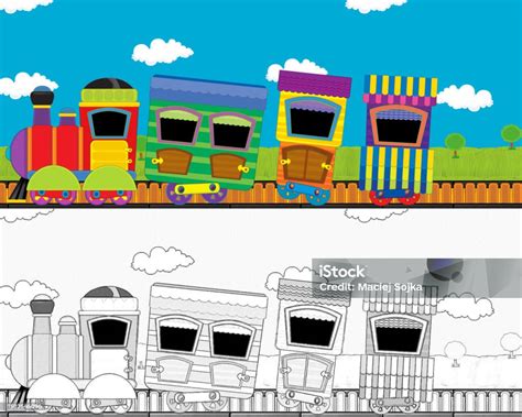 무대에 아무도 없는 초원을 통과하는 만화 재미있어 보이는 증기 기관차 아이들을 위한 삽화 0명에 대한 스톡 벡터 아트 및 기타 이미지 Istock
