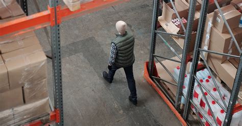 걷고 있는 공급망 근로자 기호 논리학 꾸러미 남자 높은 각도 높은 각도보기 명령 모조리 목록 바닥 박스 배달 비즈니스 산업용 선반 산업의 산업