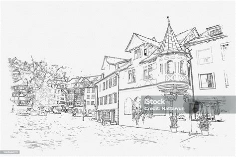 세인트 갈렌의 스트리트 뷰 스케치 이 세계의 유네스코 세계 유산 스위스의 유명한 랜드 마크 거리에 대한 스톡 벡터 아트 및 기타