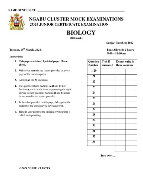 Biology Jce Mock 2024 Edited Pdf Ear Oxygen