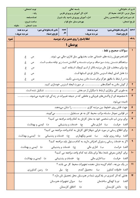سوالات آزمون پودمان 1 تا 4 الزامات محیط کار دهم هنرستان هنر آفرینان گاما
