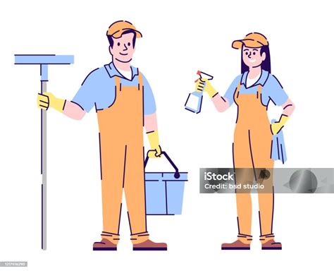 클리너는 플랫 벡터 문자를 결합합니다 여자와 남자 관리인 개요와 하우스 키퍼 만화 그림 하우스 키핑 집안일 흰색 배경에서 격리된 청소 서비스 작업자 2명에 대한 스톡 벡터