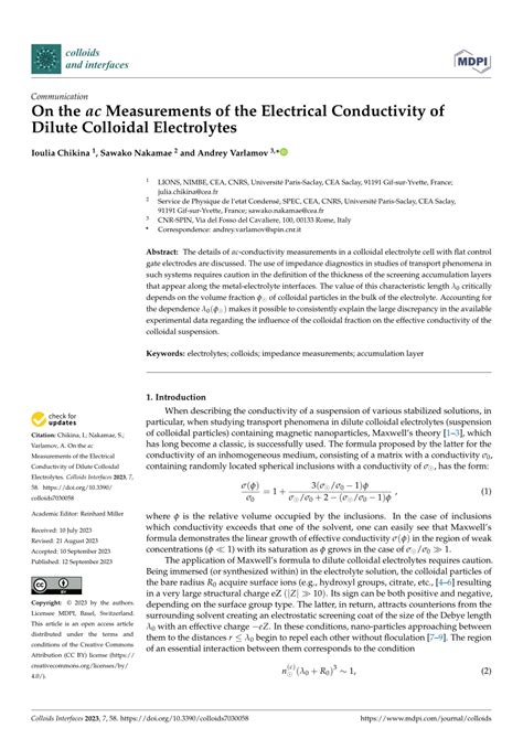 Pdf On The Ac Measurements Of The Electrical Conductivity Of Dilute Colloidal Electrolytes
