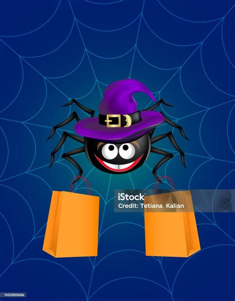 할로윈 배너는 거미줄이있는 진한 파란색 밤 배경에 두 개의 주황색 쇼핑백을 들고 보라색 마녀 모자를 쓰고 웃는 거미와 함께