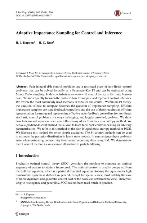 Pdf Adaptive Importance Sampling For Control And Inference
