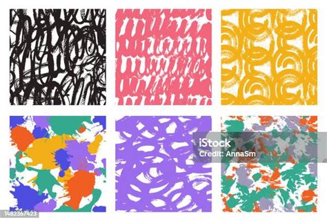 그런 지 원활한 패턴 컬렉션입니다 추상적인 질감의 배경 손으로 그린 요소 브러시 스트로크 점 반점 스크래치 줄무늬 잉크 튀김