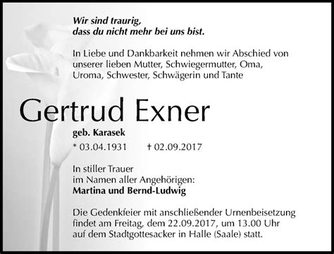 Traueranzeigen Von Gertrud Exner Abschied Nehmen De