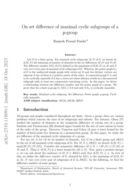 Pdf On Set Difference Of Maximal Cyclic Subgroups Of A P Group