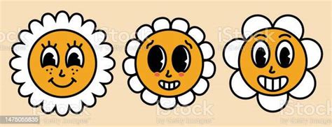 만화 재미있는 얼굴을 가진 데이지 꽃 다른 미소 감정을 가진 꽃 카모마일 트렌디한 복고풍의 스티커 팩 30 대 50 대 60 대 빈티지 만화 미소 벡터 그림 귀여운에 대한