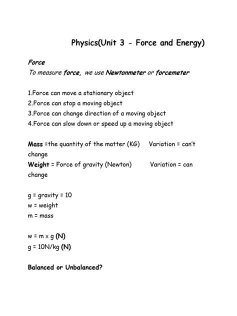 Physicsunit 3 Force And Energy Pdf Force Weight