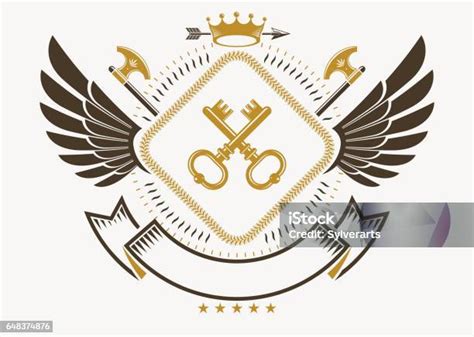 팔의 문장 학 외 투 장식적인 상징 새 날개 벡터 일러스트 레이 션의 로얄 크라운 및 보안 키 고풍스런에 대한 스톡 벡터 아트 및 기타 이미지 Istock