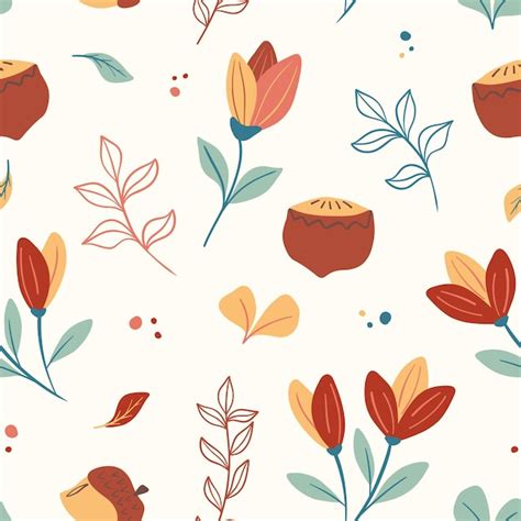 Premium Vector Vector Floral Seamless Pattern With Flowers And Nuts