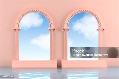 깨끗한 아름다운 물과 계단아치 형태의 연단 파란색과 복숭아 색상 흐린 하늘이 있는 받침대의 그림 3d 렌더 물에 대한 스톡 사진 및 기타 이미지 Istock