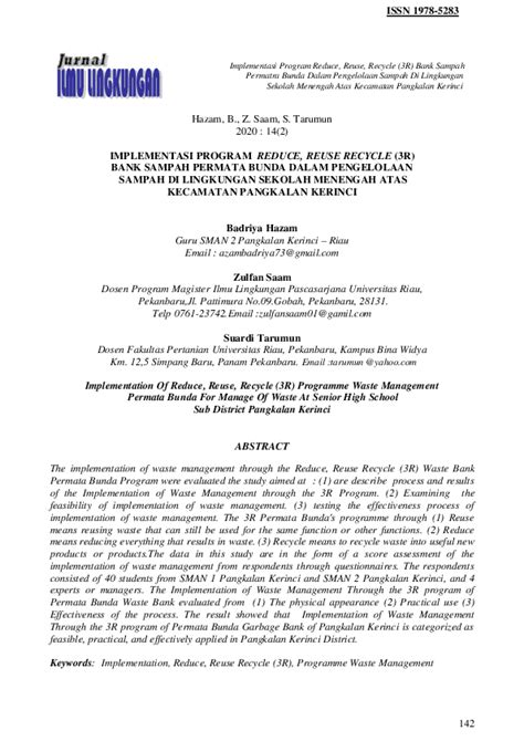 Pdf Implementasi Program Reduce Reuse Recycle 3r Bank Sampah Permata Bunda Dalam