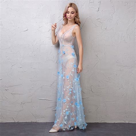 Модные сексуальные платья с глубоким V образным вырезом очаровательное прозрачное светло голубое