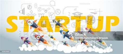 사업가와 레이디 드라이브 로켓 램프 비즈니스 계획 데이터 아이콘 텍스트 다양한 새로운 아이디어 개념과 비즈니스 스타트 업 단어 문자 타이포그래피의 창조적 인 그림 개념에