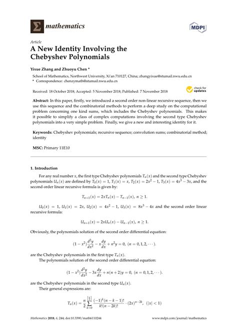 Pdf A New Identity Involving The Chebyshev Polynomials