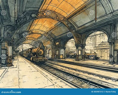 Victorian Steampunk Railroad Sketch Stock Illustration Illustration