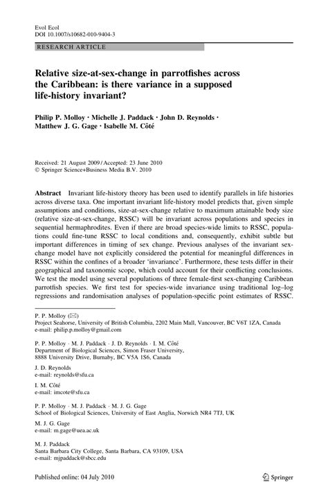 PDF Relative Size At Sex Change In Parrotfishes Across The Caribbean Is There Variance In A