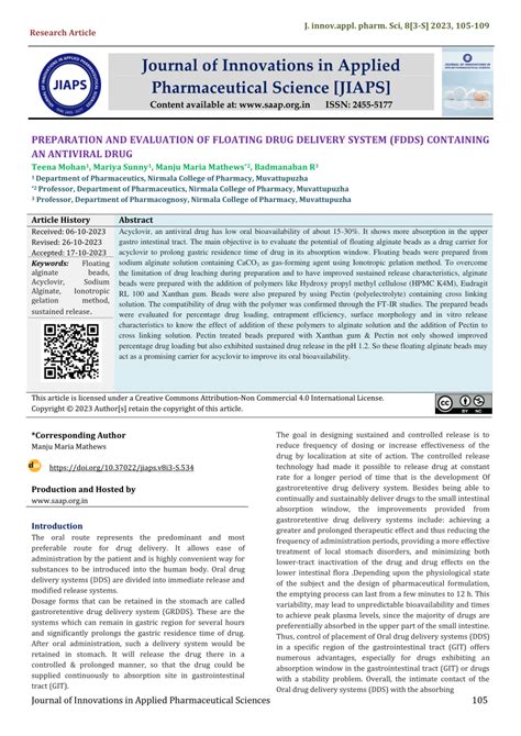 Pdf Preparation And Evaluation Of Floating Drug Delivery System Fdds Containing An Antiviral