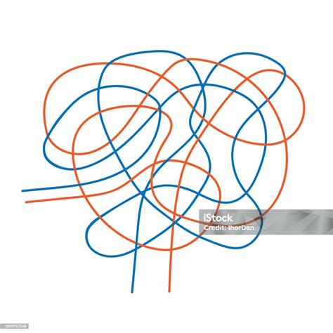 손으로 뽑은 엉킴 스크롤링 스케치 파란색과 주황색은 선 낙서 모양입니다 벡터 얽힌 혼란 낙서 낙서 그리기 흰색 배경에 격리 된 스레드 Clew 매듭 다중 색상에 대한 스톡