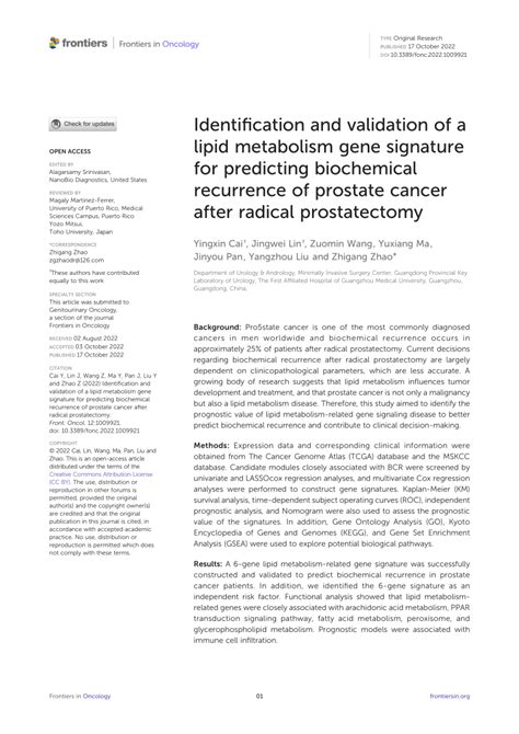 Pdf Identification And Validation Of A Lipid Metabolism Gene Signature For Predicting