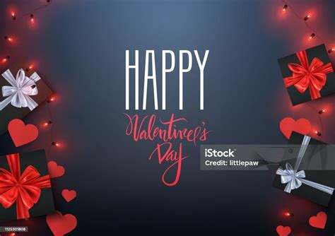 해피 발렌타인 로맨틱 엽서 선물 상자와 장식 요소 벡터 일러스트 레이 션 Led 조명에 대한 스톡 벡터 아트 및 기타 이미지 Led 조명 갈란드 장식품 개체 그룹